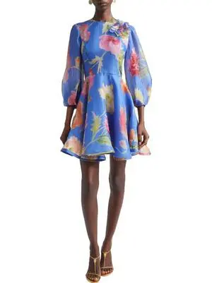 Carolina Herrera Poppy Print Floral Silk Organza Minidress - Bluebell Multi