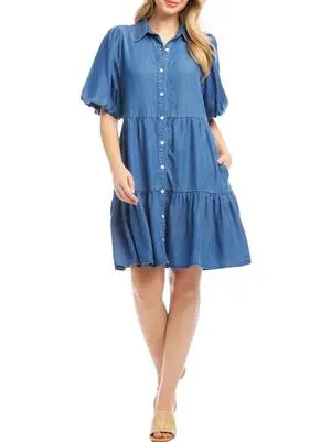 Karen Kane Tiered Denim Shirt Dress - Blue