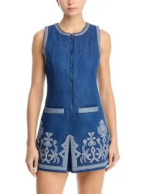 Ramy Brook Paulina Embroidered Denim Dress - Tonal Embroidered Denim