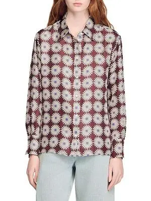 Sandro Floral Print Silk Shirt - Marron / Blue