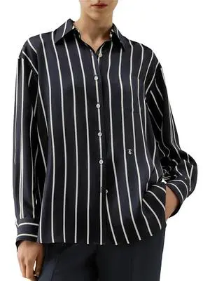 Lilysilk Silk Twill Striped Button-down Shirt - Navy And White Stripe