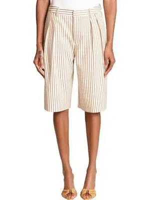 Avec Les Filles Striped Pleated Bermuda Shorts - Camel/cream