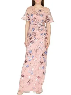 Js Collections Sequin-embellished Floral Column Gown - Rose Gold