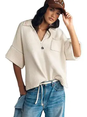 PILCRO Half-Sleeve Collared V-Neck Popover Top
