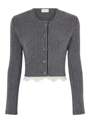 Magda Butrym Cropped Lace-trimmed Ribbed Wool Cardigan - Gray