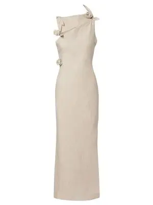 Coperni Floral-appliqué Asymmetric Linen Maxi Dress - Beige