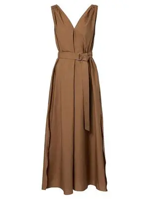 Brunello Cucinelli Belted Cotton-blend Midi Dress - Beige