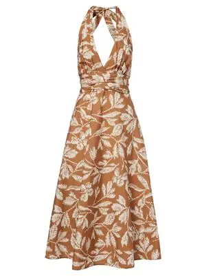 Max Mara Halterneck Printed Cotton Midi Dress - Beige