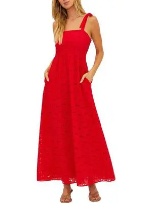 Beach Riot Eyelet Tie Shoulder Midi Dress - Cherry Eyelet