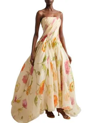 Carolina Herrera Floral Pleated Silk Strapless Gown - Almond Multi