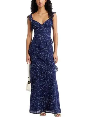 Bp. Asymmetric Ruffle Tiered Maxi Dress - Navy- White Myla Dot