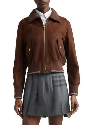 Thom Browne Crop Leather Flight Jacket - Tiramisu