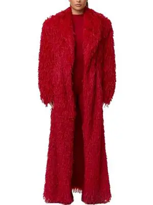 Naked Wardrobe Long Faux Feather Coat - Ruby Red