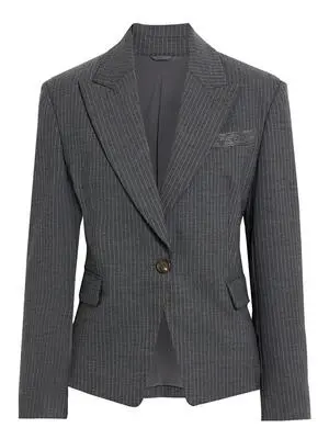 Brunello Cucinelli Embellished Pinstriped Wool-blend Blazer - Dark Gray