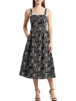 Sam Edelman Floral Embroidered Cotton Midi Dress - Black/white