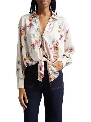 Cinq À Sept Iris Bouquet Marianna Tie-front Shirt - Oatmilk Multi