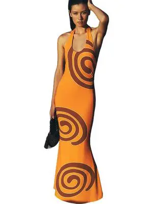 THE WOLF GANG Giro Halter Mesh Dress - Orange Pattern