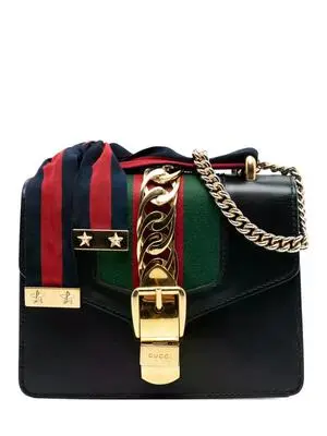 Gucci 2016-2025 Mini Leather Web Sylvie Chain Crossbody Bag - Black