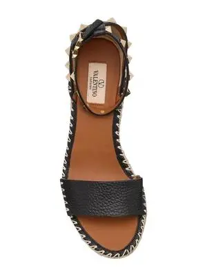 Valentino Garavani 105mm Rockstud Leather Wedge Espadrille Sandals - Nero/light
