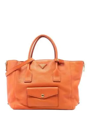 Prada Vitello Daino Side Zip Convertible Tote Satchel - Orange