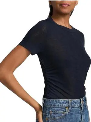 Veronica Beard Ruched Crewneck Tee - Navy