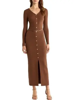 PETAL & PUP Brydie Long Sleeve Body-con Midi Dress - Chocolate Brown