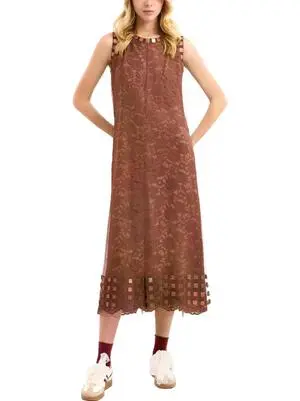 GEMY MAALOUF Lace Tulle Midi Dress - Brown