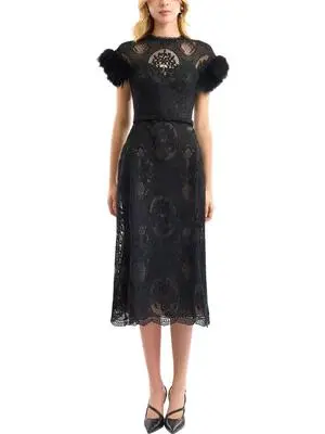 GEMY MAALOUF Lace And Feathers Midi Dress - Black