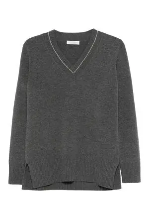 LE TRICOT PERUGIA V-neck Ribbed Sweater - Grey