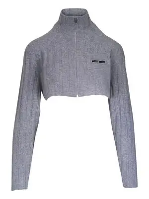 Miu Miu Ribbed Knit Zip Cardigan - Grey