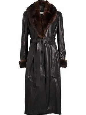 Nour Hammour Fur-trim Leather Trench Coat - Black