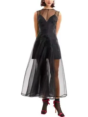GEMY MAALOUF Sheer Organza Midi Dress - Black