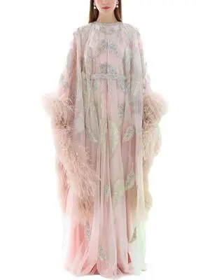 DINA MELWANI Feather-trim Crystal-embroidered Maxi Dress - Pink