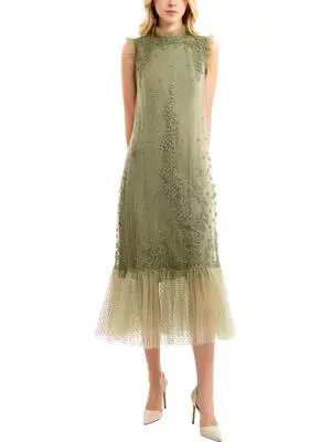 GEMY MAALOUF Embroidered Dotted Tulle Midi Dress - Green