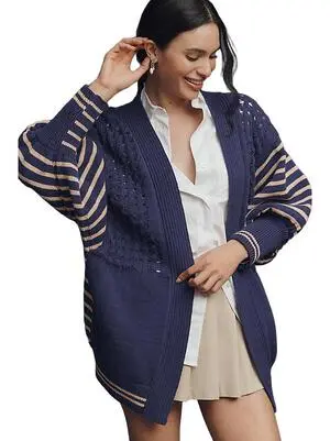 Maeve Oversized Open-front Cardigan - Navy / Pink Stripe