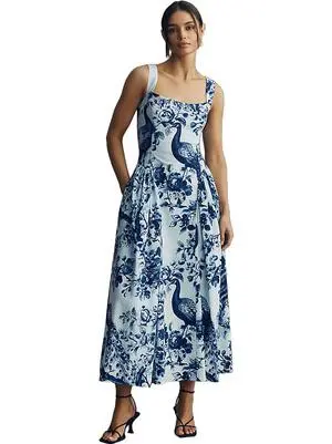 Bhldn Olivia Fit & Flare Midi Dress - Blue Peacock Toile