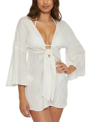 BECCA® By Rebecca Virtue Radiance Metallic Stripe Long Sleeve Cover-up Tunic - White