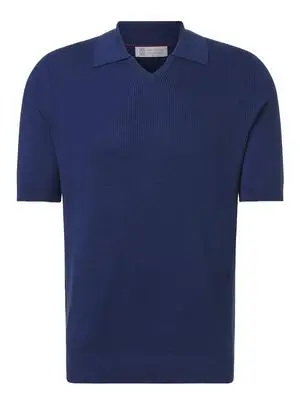 Brunello Cucinelli Ribbed-knit Cotton Polo Shirt - Blue
