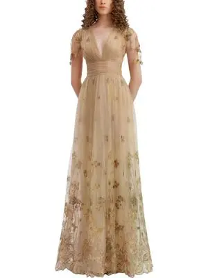 GEMY MAALOUF Embroidered V-neck Tulle Gown - Neutrals