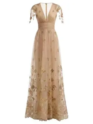 GEMY MAALOUF Embroidered V-neck Tulle Gown - Neutrals