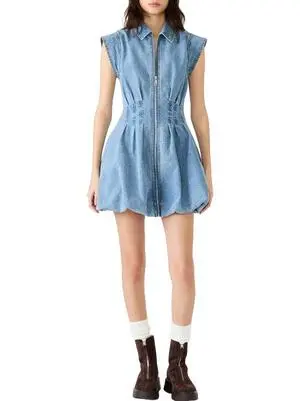 Steve Madden Dyanne Pleated Bubble Hem Denim Mini Dress - Forever Blue