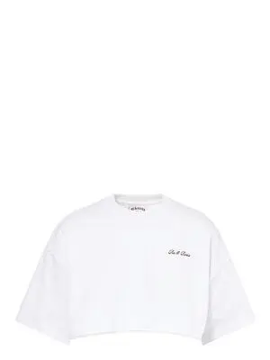 RU & ROCKA Logo-embroidery Cropped Cotton-jersey T-shirt - White / Burgundy