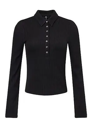 Paige Eden Polo-collar Ribbed Knitted Top - Black