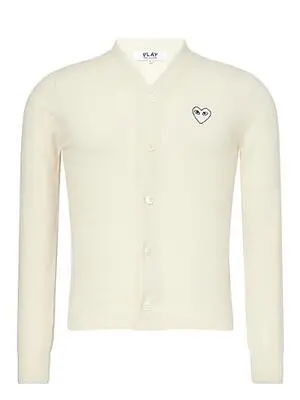 Play Comme Des Garcon Heart Logo-embroidered V-neck Wool Cardigan - Natural
