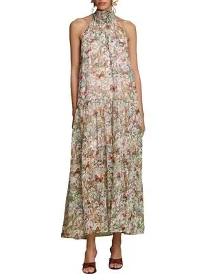 Avec Les Filles Floral Halter Maxi Dress - Pink/cheetah Multi
