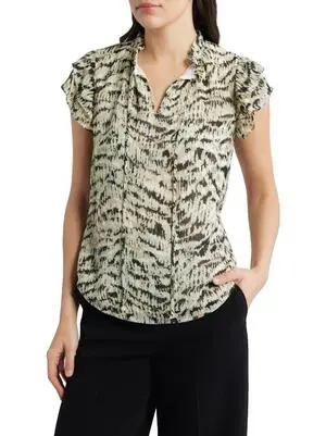 Anne Klein Printed Ruffle Sleeve Top - Soft Aloe Multi
