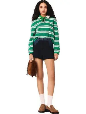 Maje Cotton Cropped Striped Polo Sweater - Green