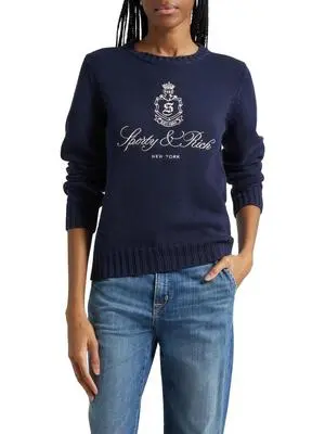 SPORTY & RICH Embroidered Cotton Crop Sweater - Dark Navy