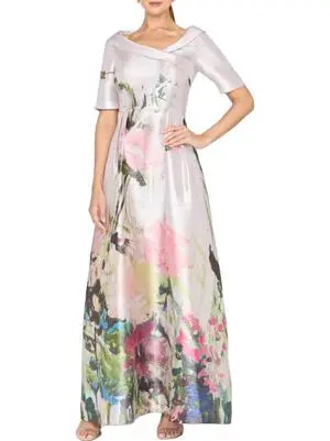 KAY UNGER Coco Metallic Floral Print Mikado Gown - Lilac Mist Multi