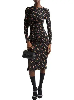 Dolce & Gabbana Floral Print Long Sleeve Charmeuse Midi Dress - Nero